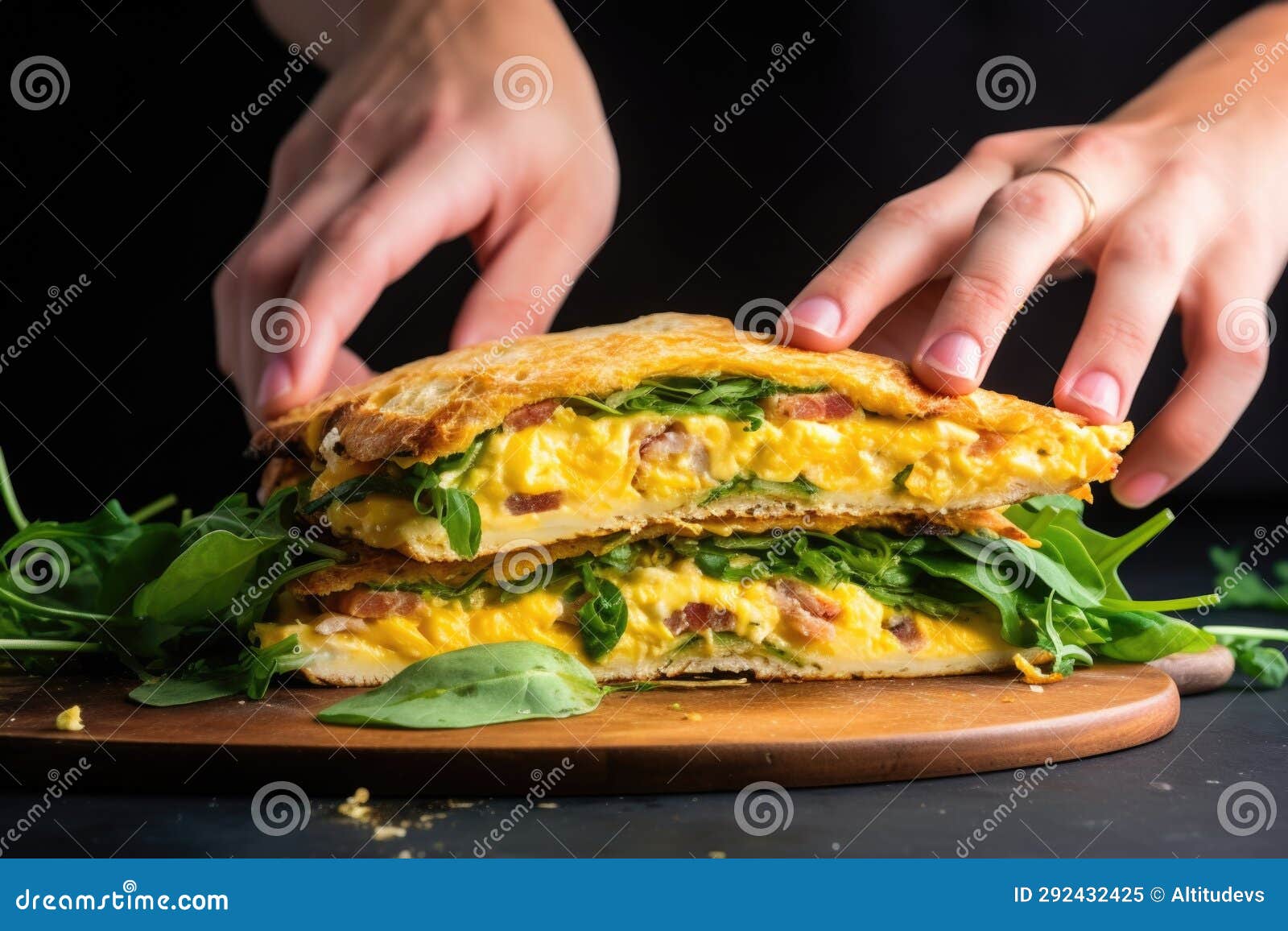 Hand Pulling Apart a Cheesy Omelette Sandwich Demonstrating the Melted ...