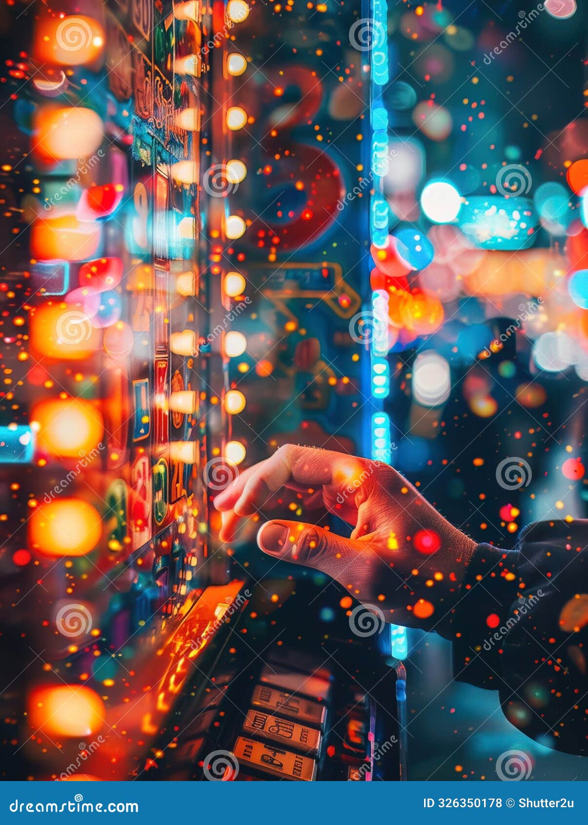 A Hand Pulling the Lever of a Vintage Slot Machine with Bright Symbols ...