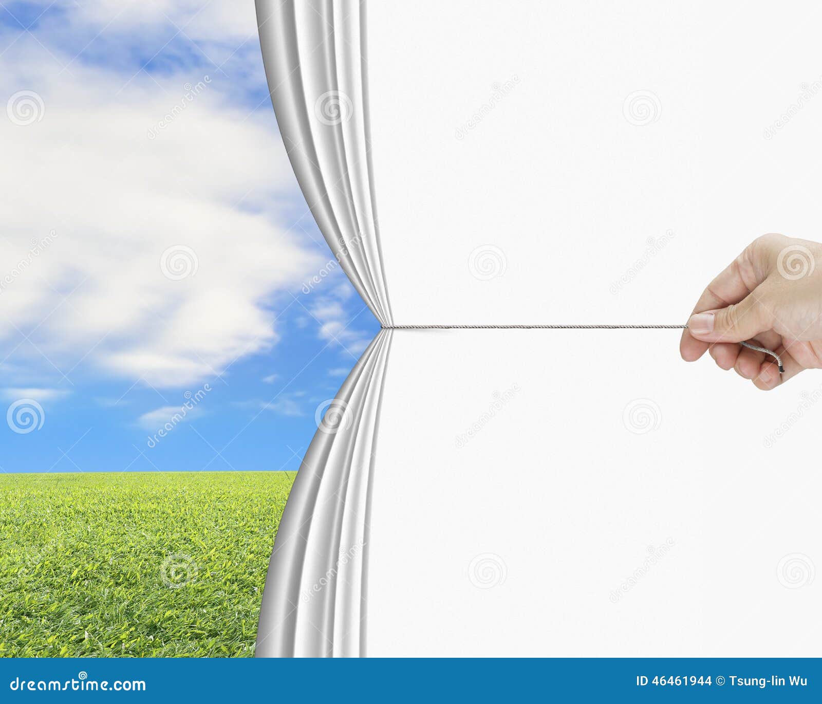 Hand Pulling Open White Blank Curtain Discovered Natural Sky Meadow ...
