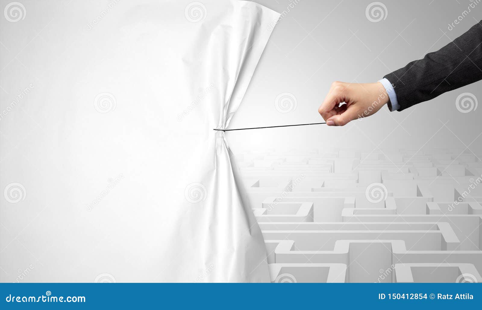 Hand pulling paper curtain stock photo. Image of blank - 150412854
