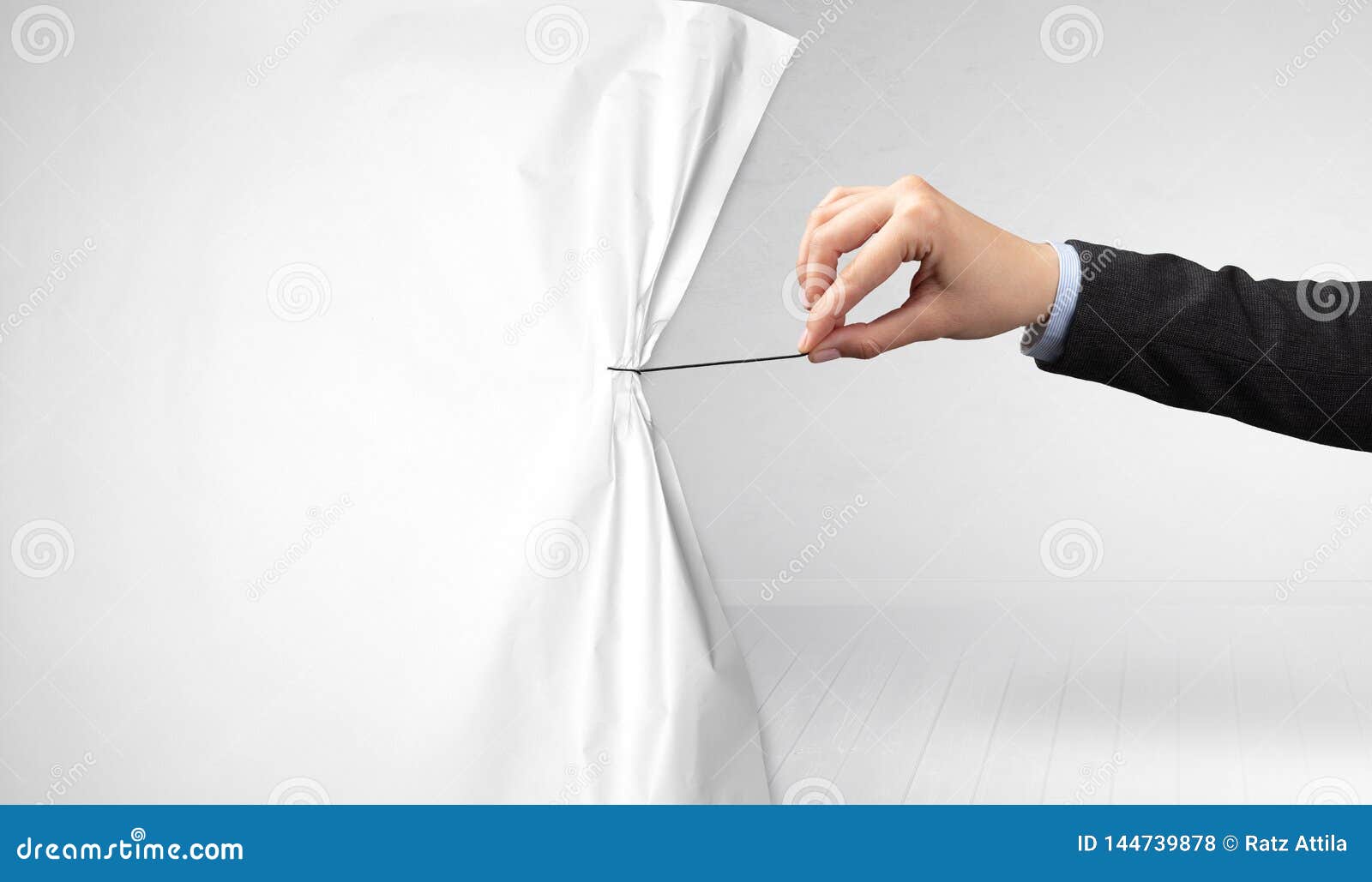 Hand Pulling White Paper Curtain Stock Photo - Image of change, open ...