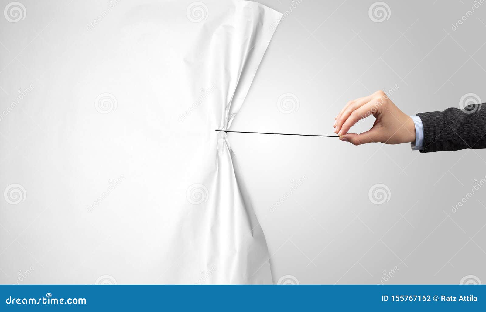 Hand Pulling White Paper Curtain Stock Photo - Image of cityscape ...