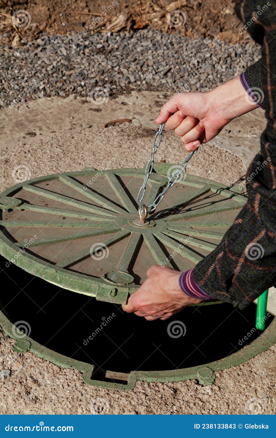 Hand Opens Sewer Hatch in Yard Stock Image - Image of access, edge ...