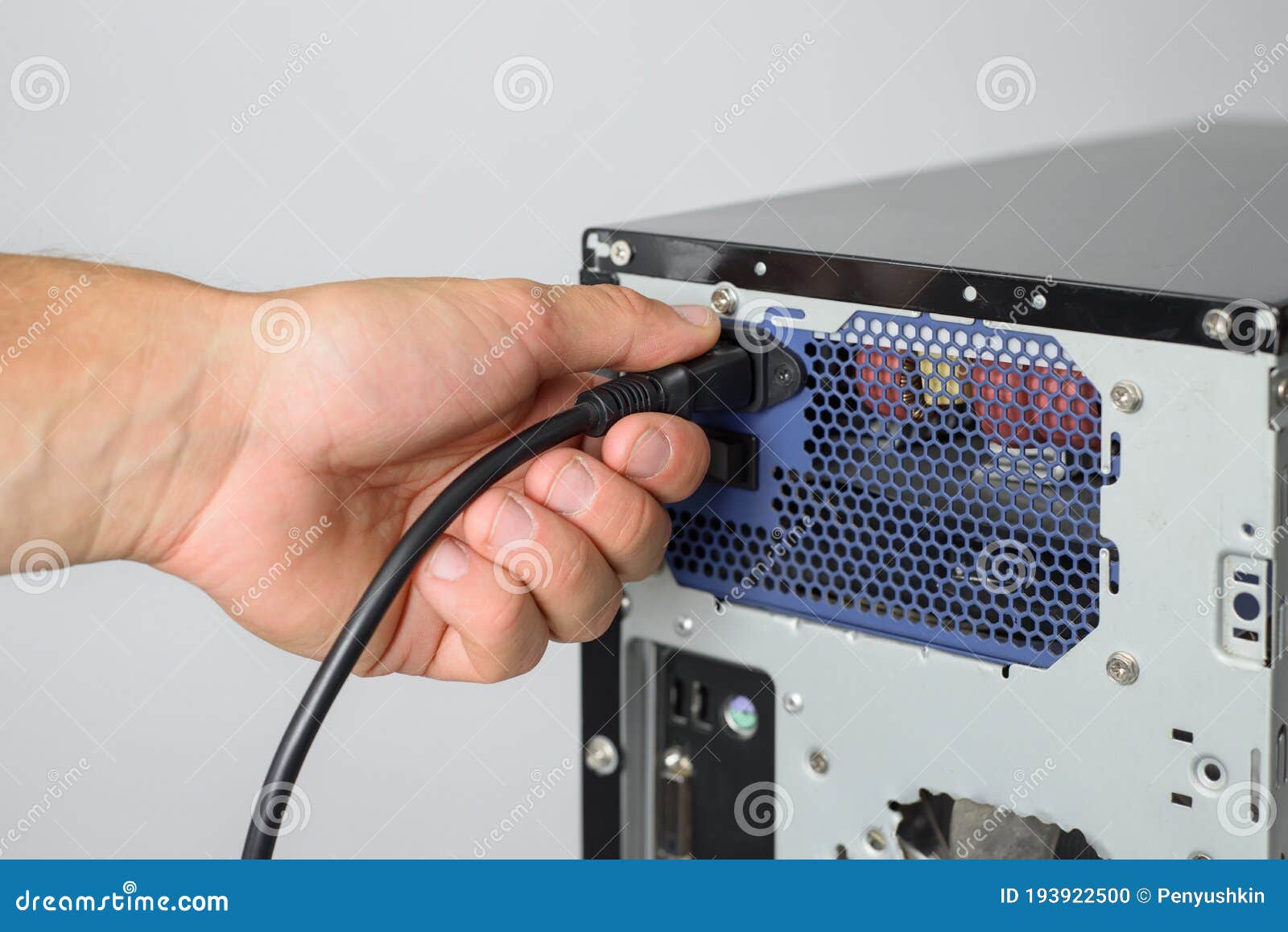 Hand Pulls the Power Cord Out of the Computer Stock Photo - Image of ...