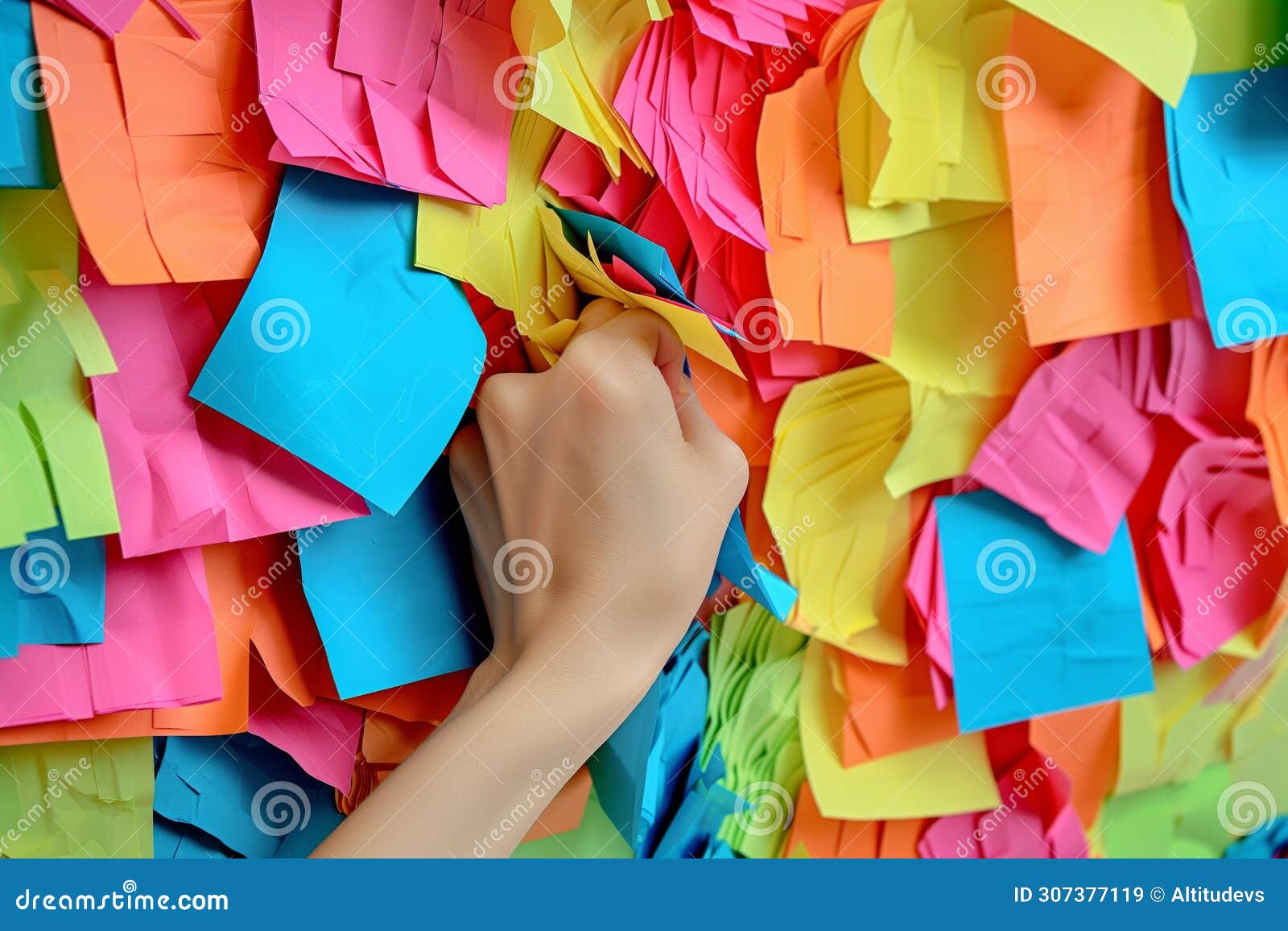 Hand Punching through a Wall of Multicolored Sticky Notes Stock Image ...