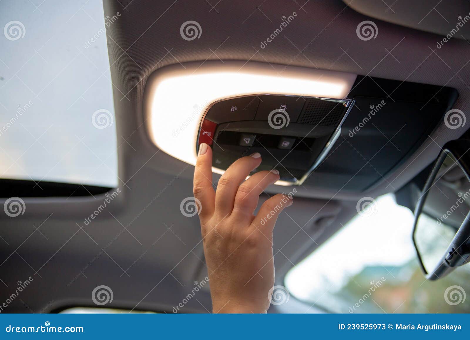 Hand Push Sos Button on Ceiling Console in Modern Car Stock Image ...