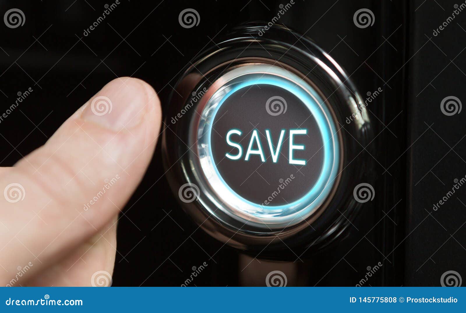 Hand Pushing Blue Lighted Button with Text Save Stock Photo - Image of ...