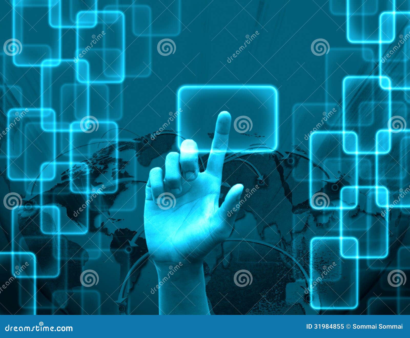 Hand Pushing Button on Abstract Technology Stock Image - Image of ...