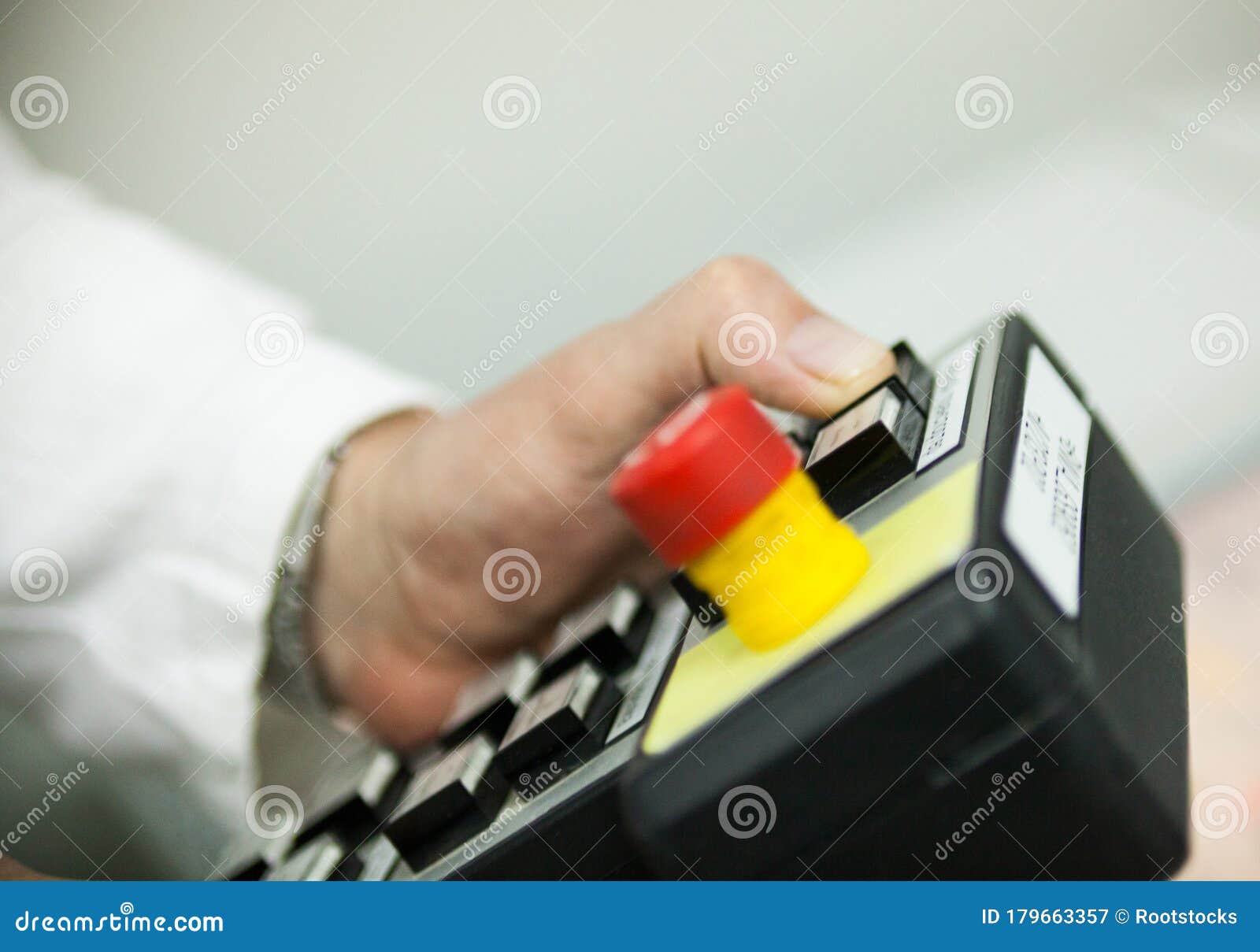 Hand Pushing the Button on the Control Panel Stock Image - Image of ...