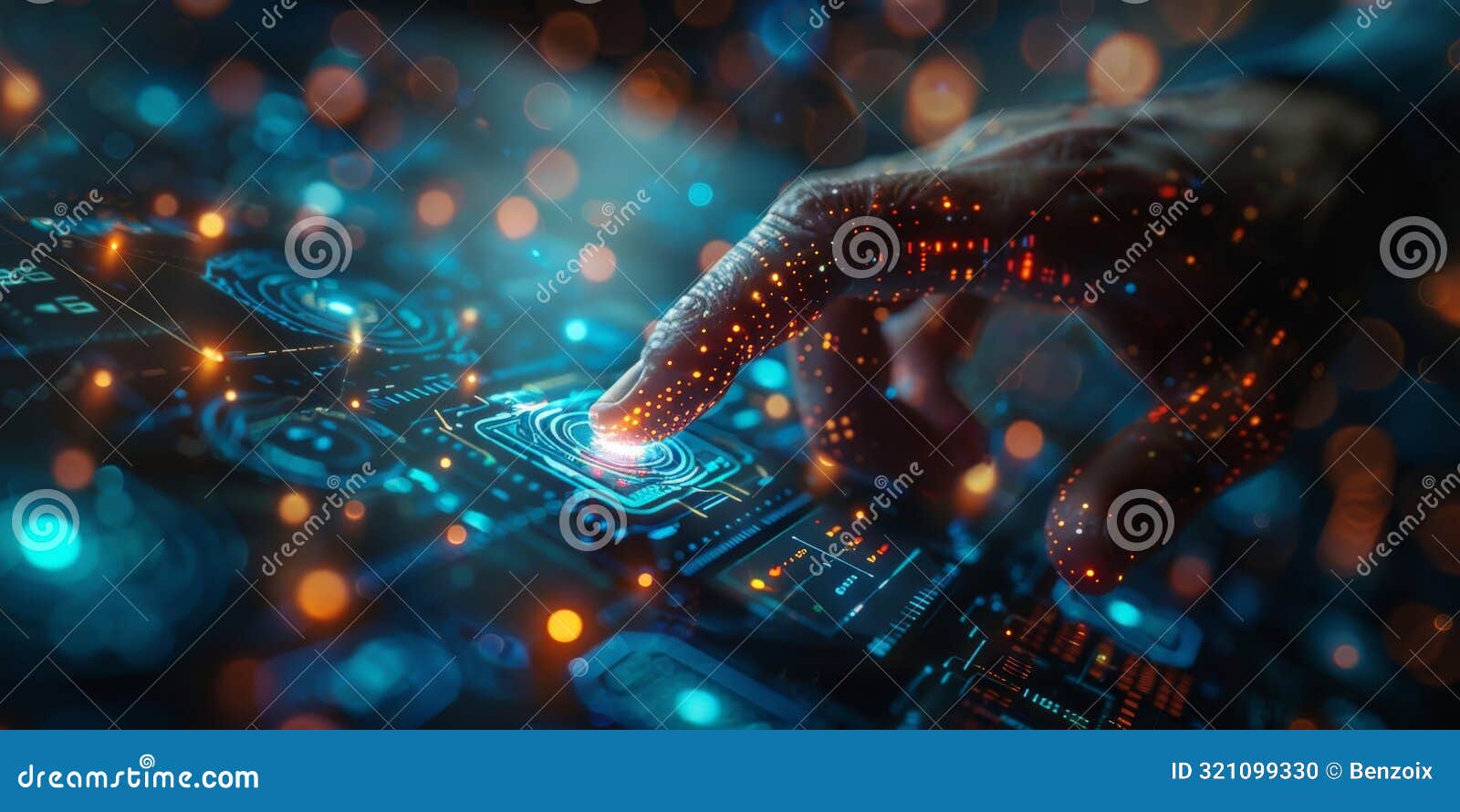 A Hand is Pushing a Button on a Futuristic Touch Screen Stock Photo ...