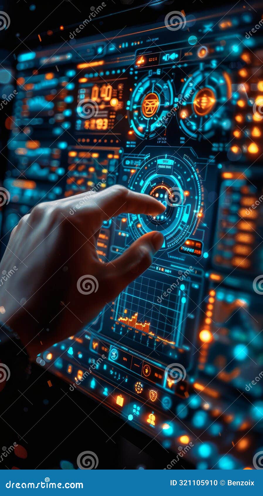 Hand Pushes Button on Hightech Display, Symbolizing Futuristic ...