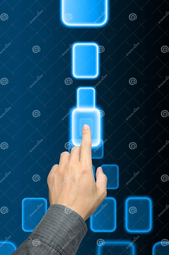 Hand Pushing a Button on a Touch Screen Interface Stock Photo - Image ...