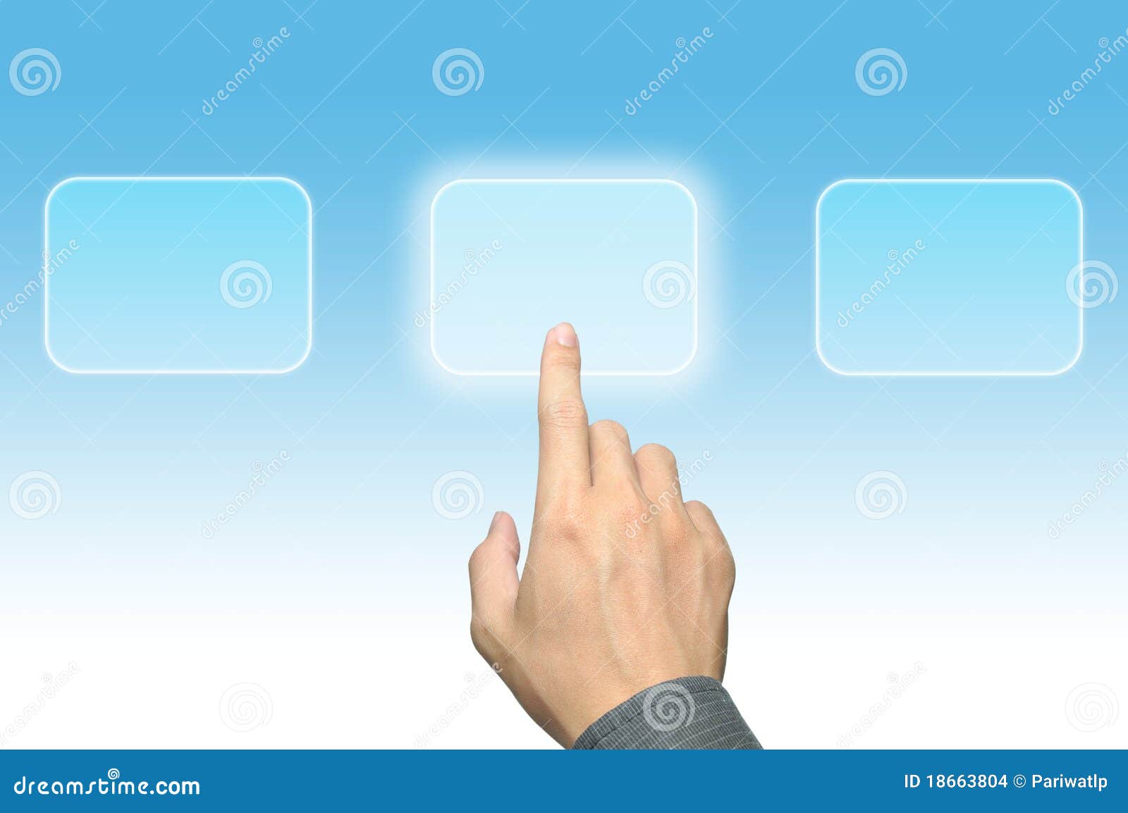 Hand Pushing a Button on Touch Screen Interface Stock Photo - Image of ...