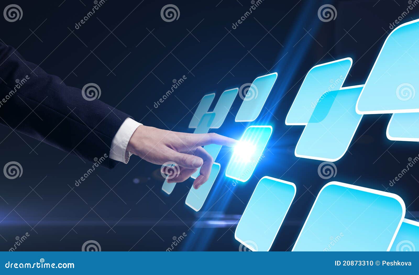 Hand Pushing a Button on a Touch Screen Interface Stock Photo - Image ...