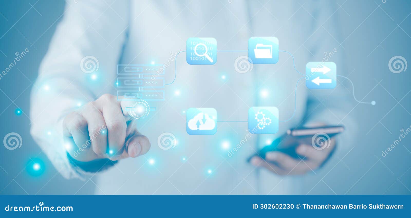 Hand Pushing a Button on a Touch Screen Interface. Cloud Computing ...