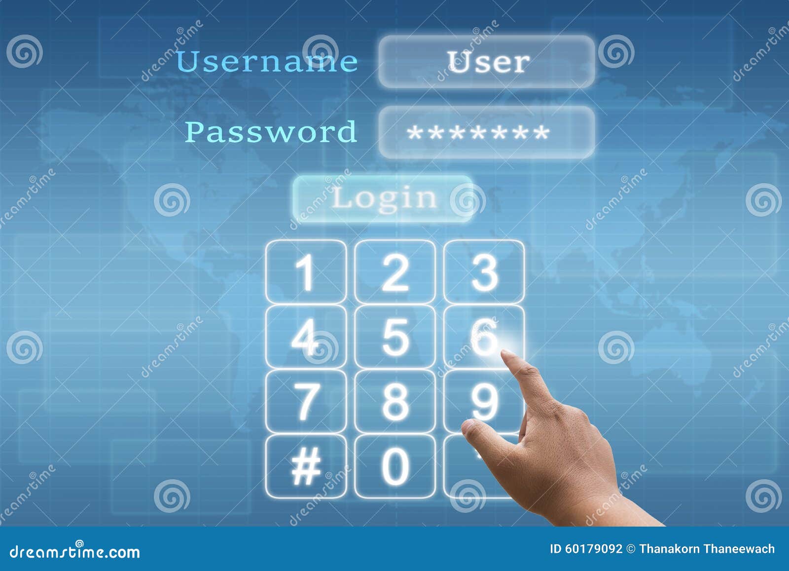 Hand Pushing a Button on Touch Screen Interface Login and Password with ...