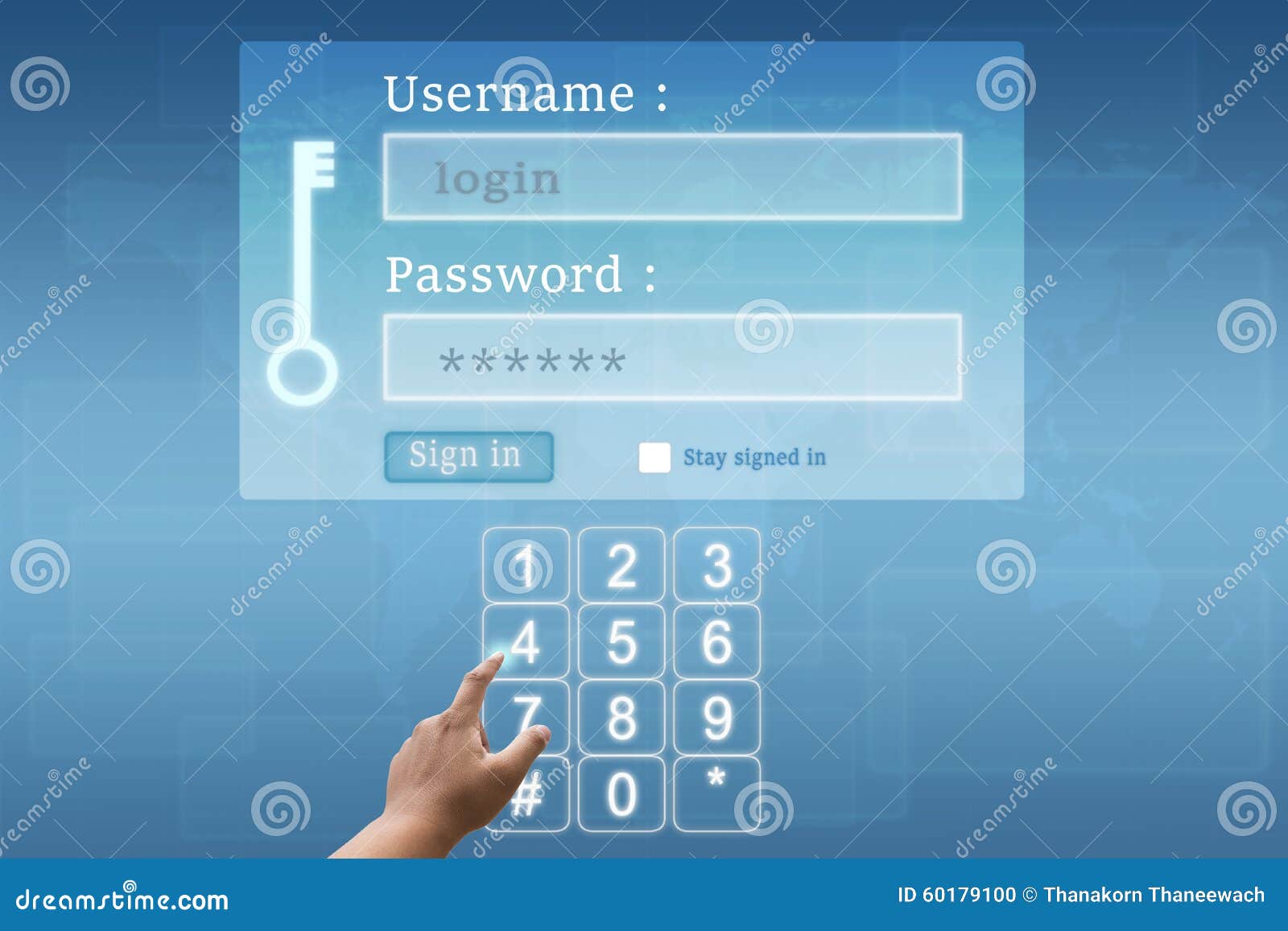 Hand Pushing a Button on Touch Screen Interface Login and Password with ...