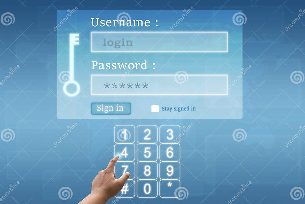 Hand Pushing a Button on Touch Screen Interface Login and Password with ...