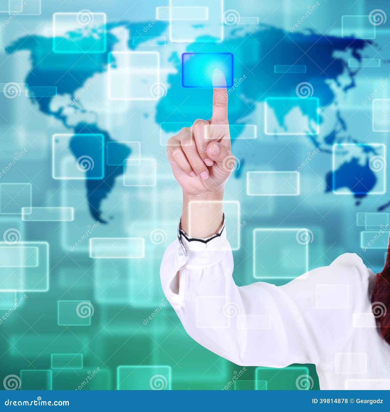 Hand Pushing Button on a Touch Screen Interface Stock Illustration ...