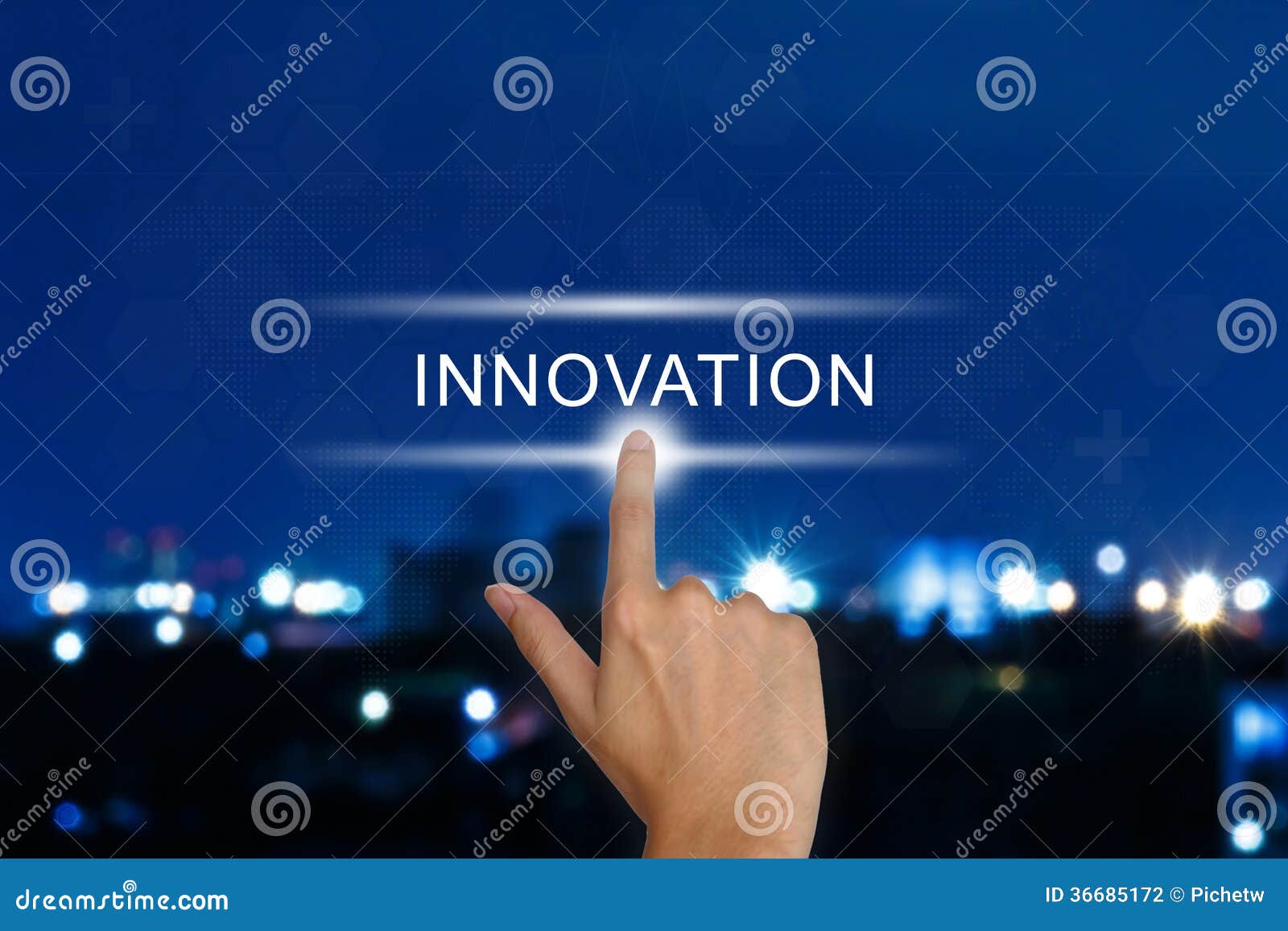 Hand Pushing Innovation Button on Touch Screen Stock Photo - Image of ...