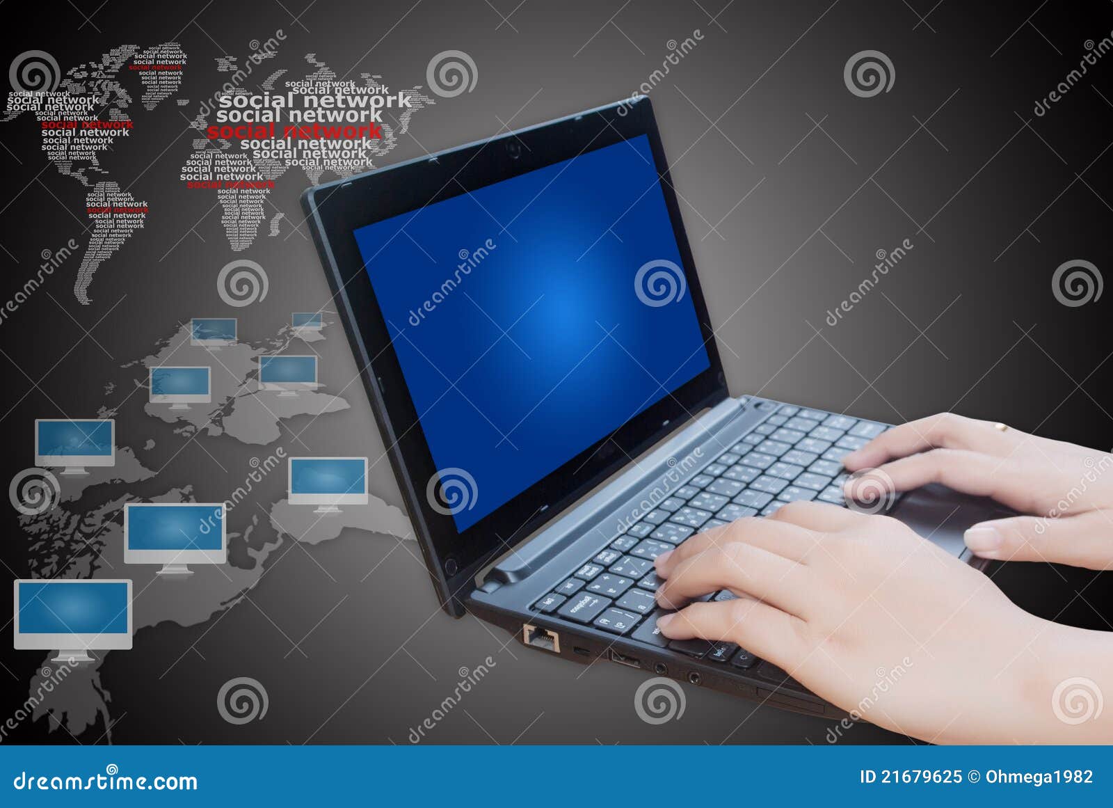 Hand Pushing Laptop Keyboard with Social Network. Stock Image - Image ...