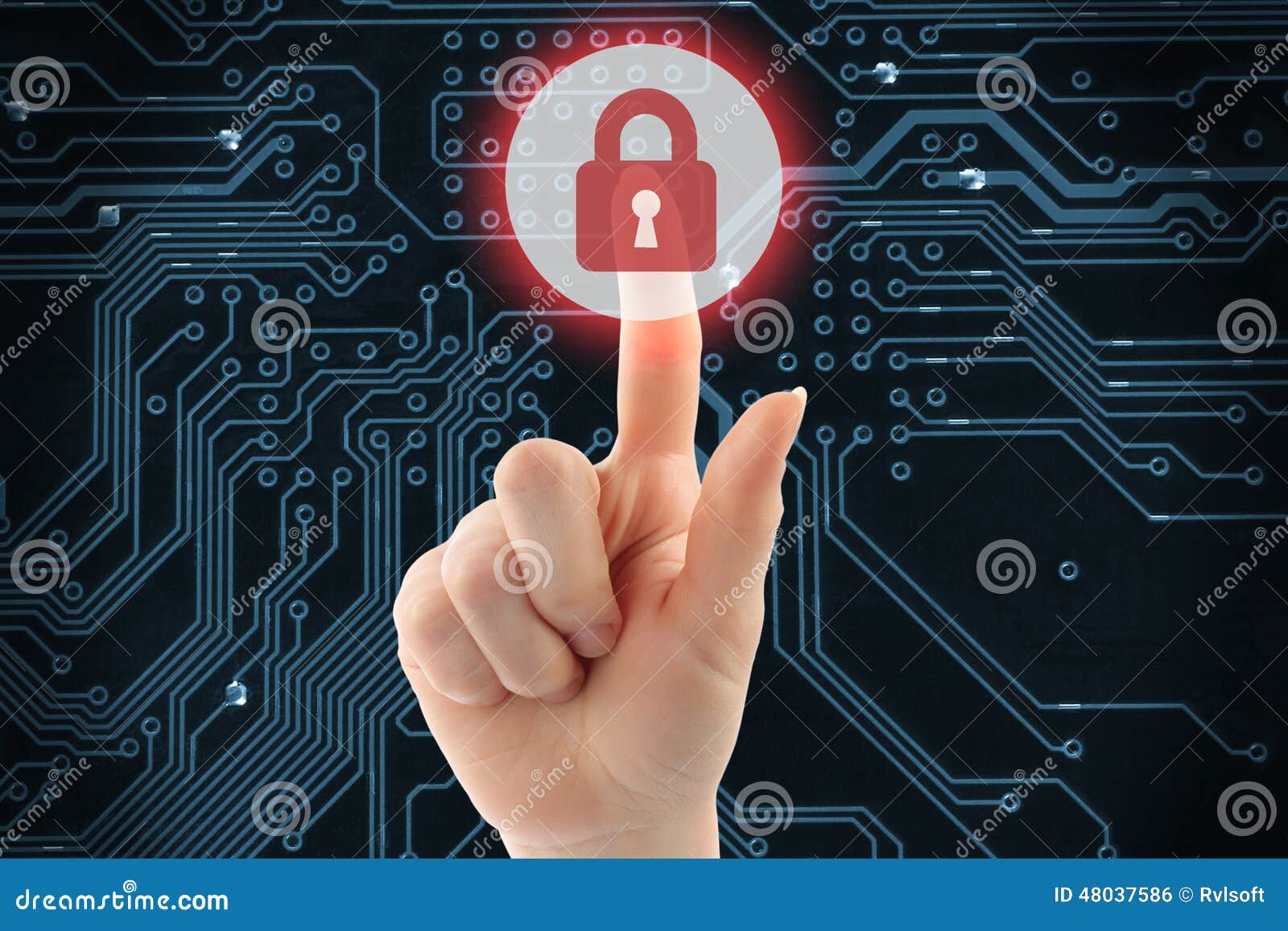 Hand Pushing Virtual Security Button Stock Photo - Image of board ...