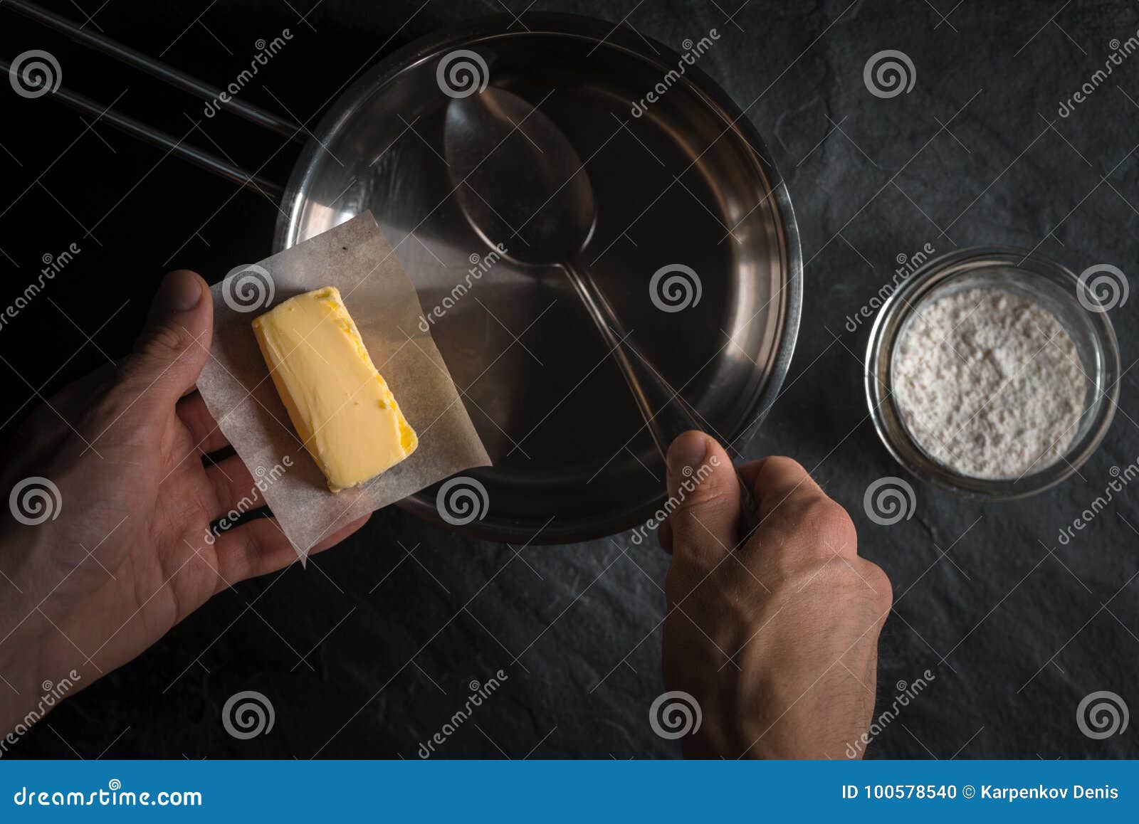 Hand Put the Butter in a Bucket for Making Roux Stock Photo - Image of ...