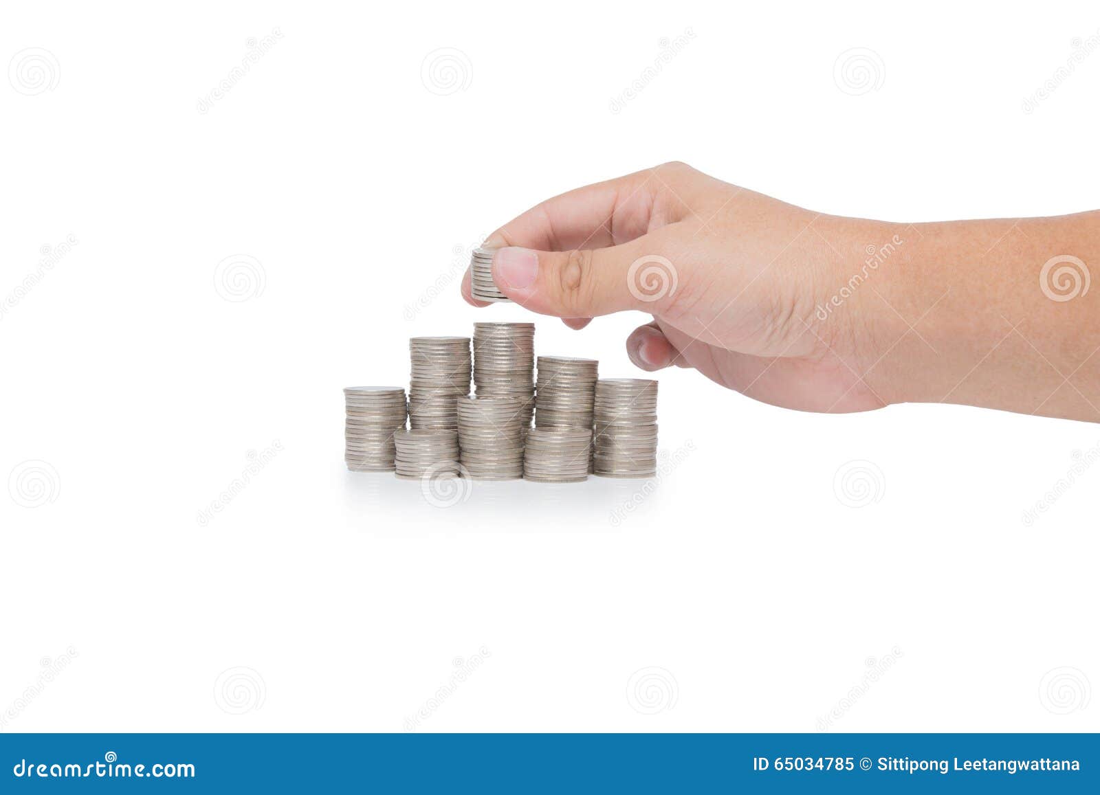 Hand Put Coins To Stack of Coins Isolated on White Stock Image - Image ...