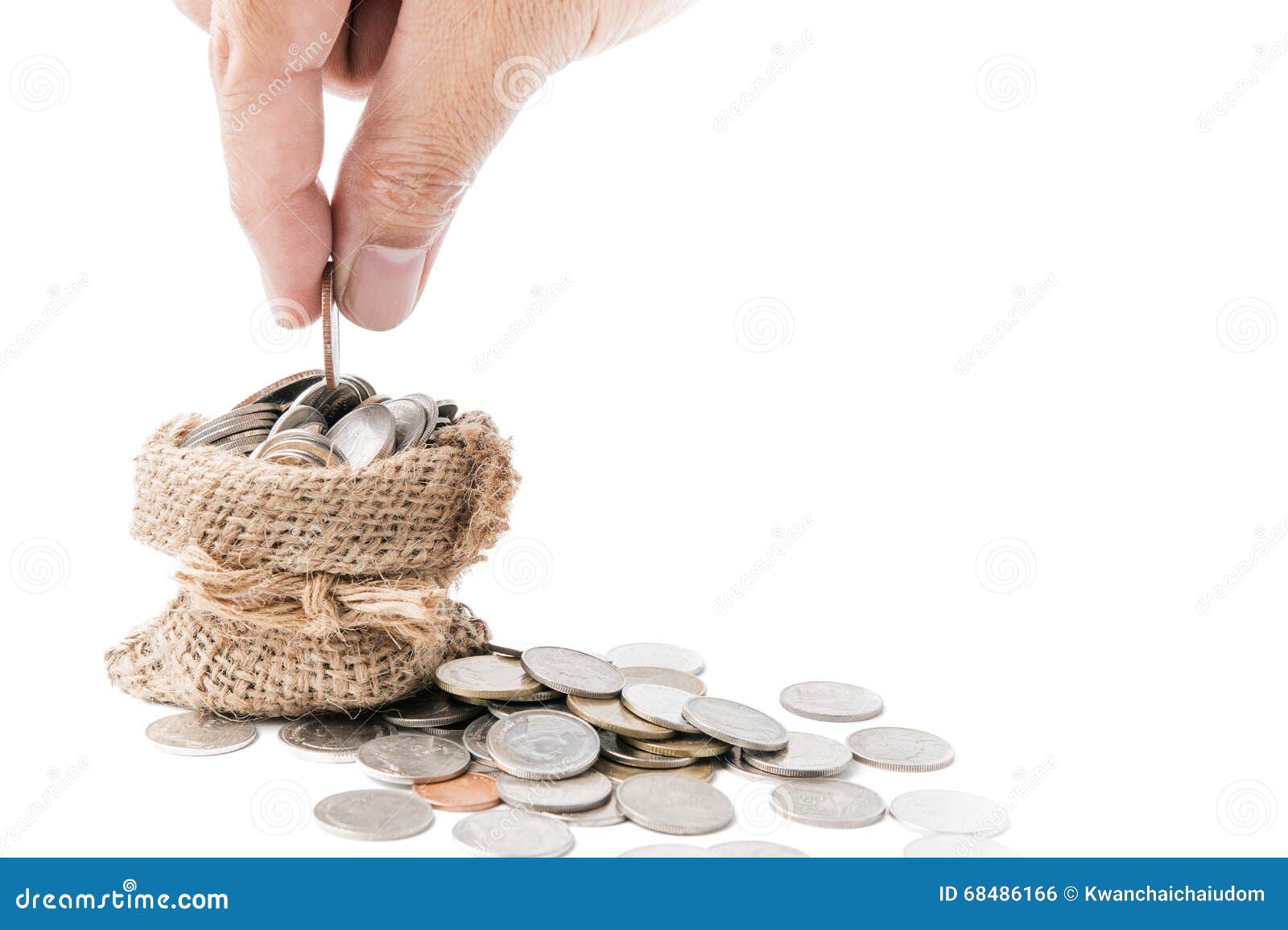 Hand Put Down Money Coin To Sack Isolated Stock Photo - Image of white ...