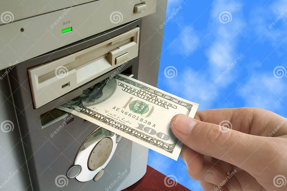 Hand put money to computer stock photo. Image of financial - 1560004