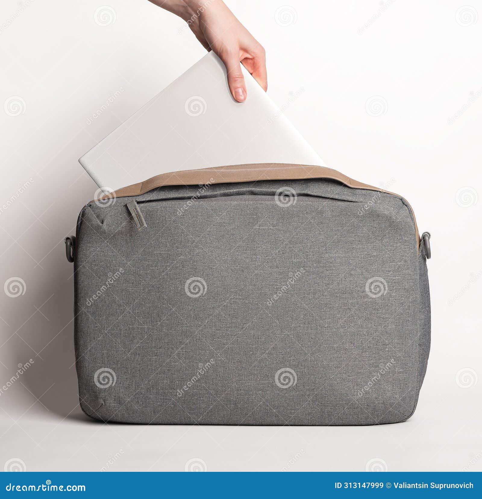 Hand Putting Laptop Computer into Notebook Bag, Briefcase Stock Image ...