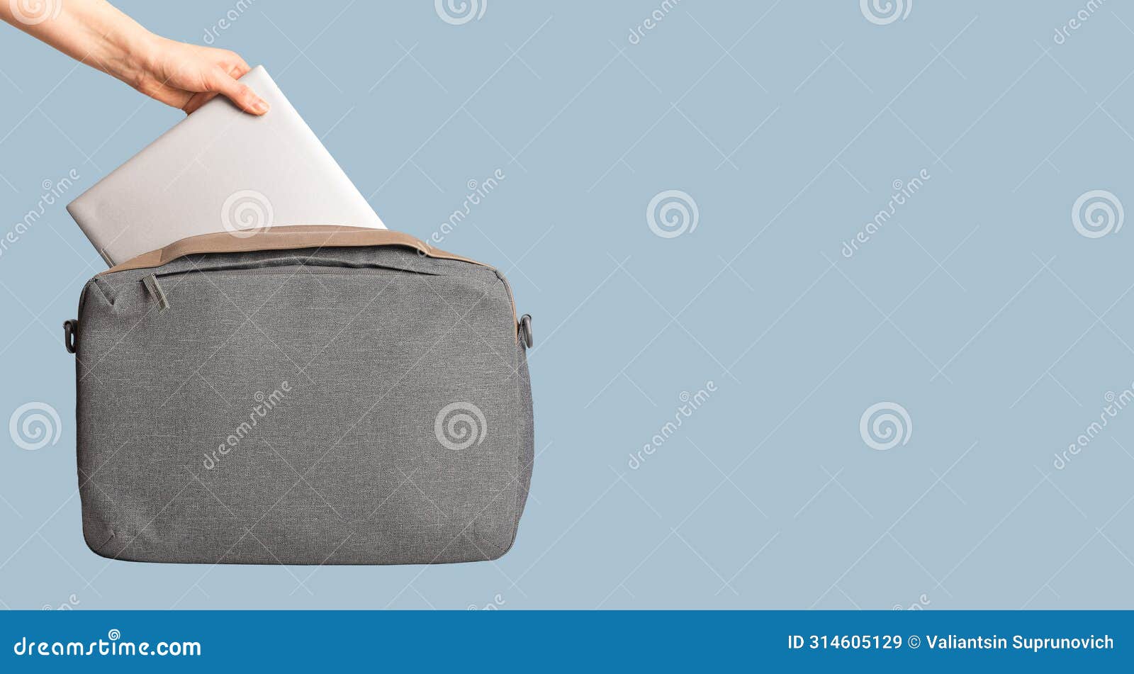 Hand Putting Laptop Notebook into Computer Bag. Banner Background Stock ...