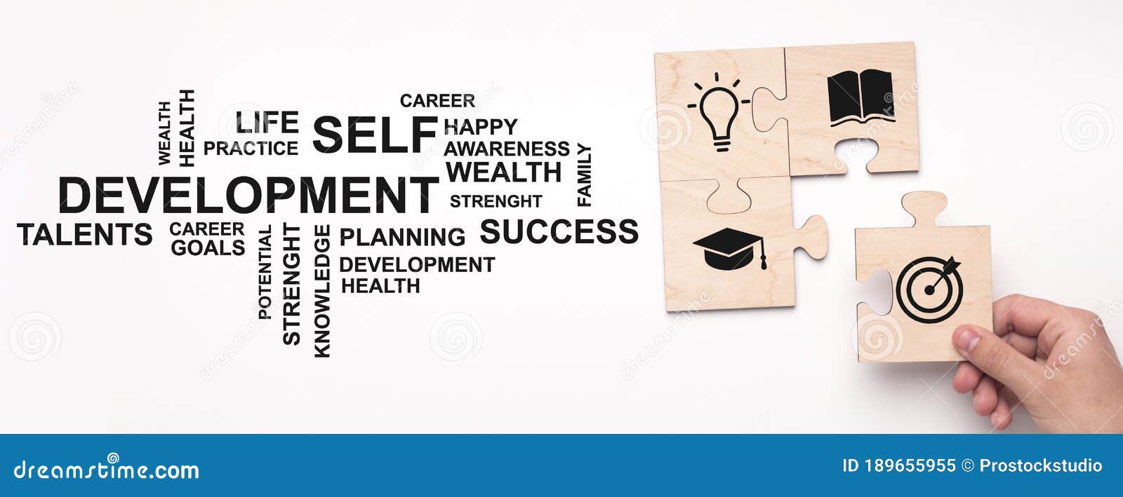 Hand Putting Puzzle Next To Self-Development Wordcloud, White ...