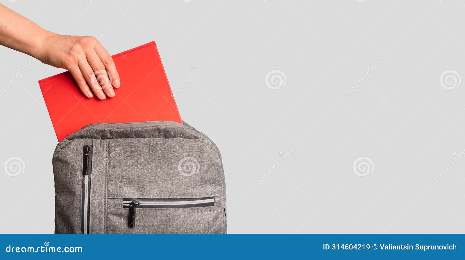 Hand Putting Red Book, Textbook into Backpack, School Bag. Banner ...