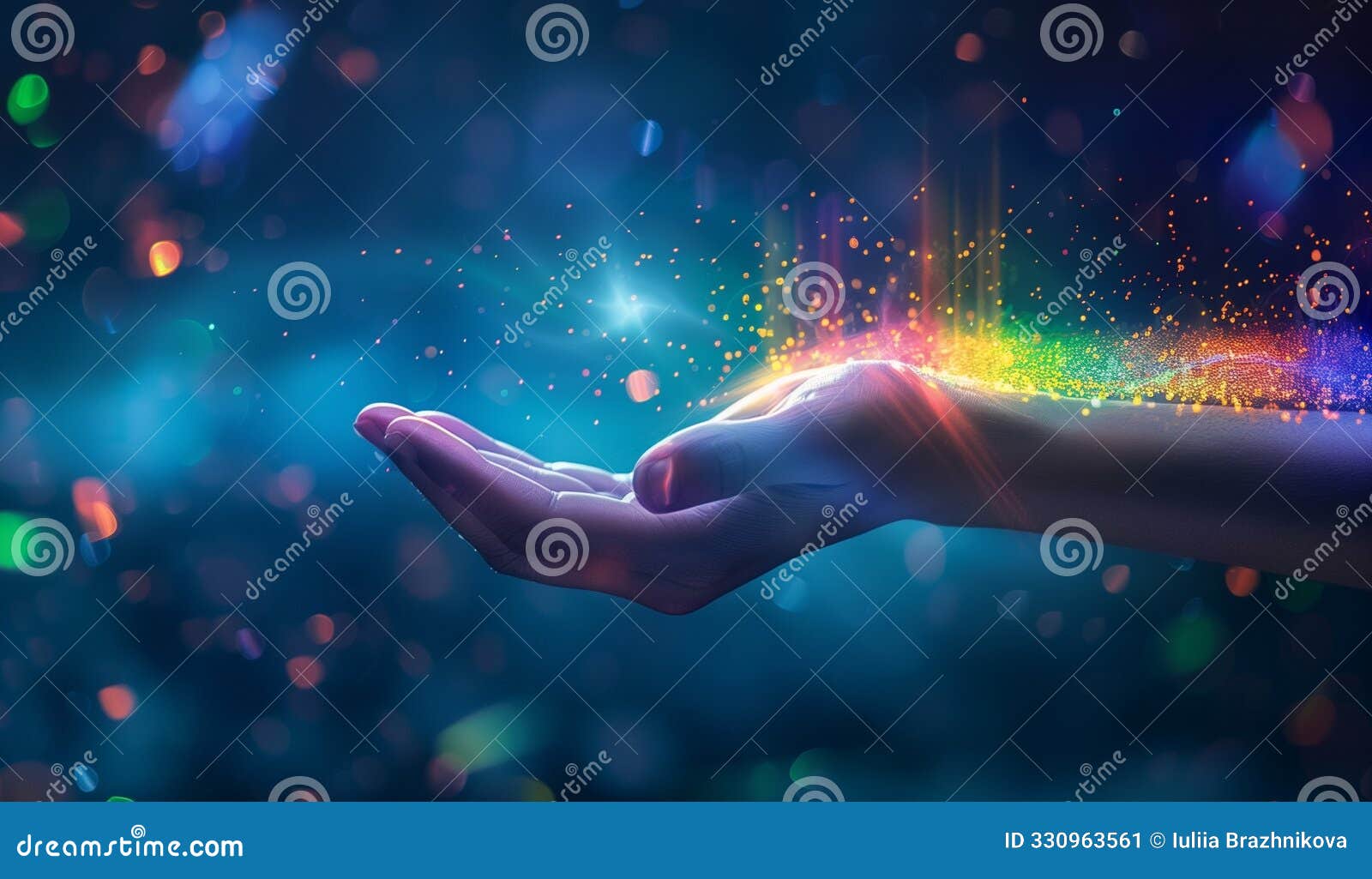 Hand with Rainbow-glowing Light Particles, Palm Open and Empty on a ...