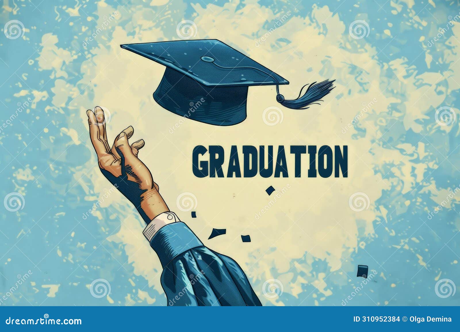 Hand Raising Graduation Cap Against a Splattered Blue Backdrop Stock ...