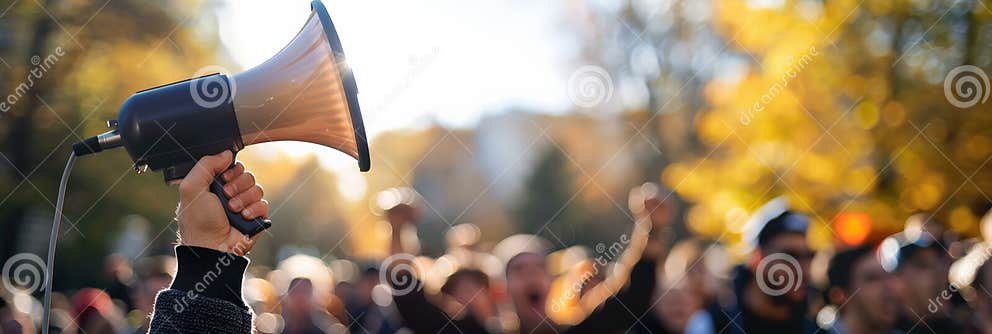 A Hand Raising a Megaphone Against a Backdrop of a Protesting Crowd and ...