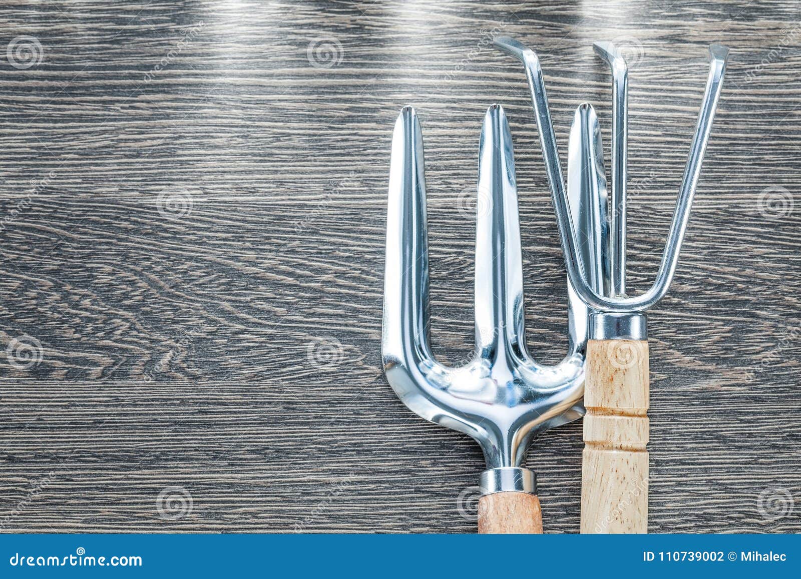 Hand Rake Trowel Fork on Wooden Board Stock Photo - Image of brown ...