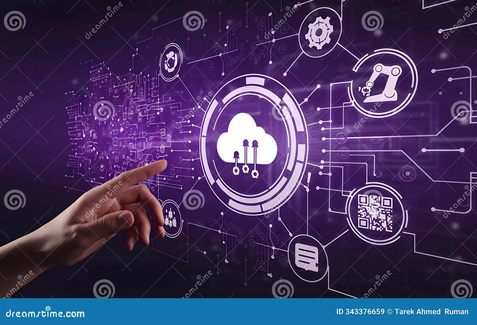 A Hand Reaches Out Towards a Cloud Computing Icon Surrounded by Various ...