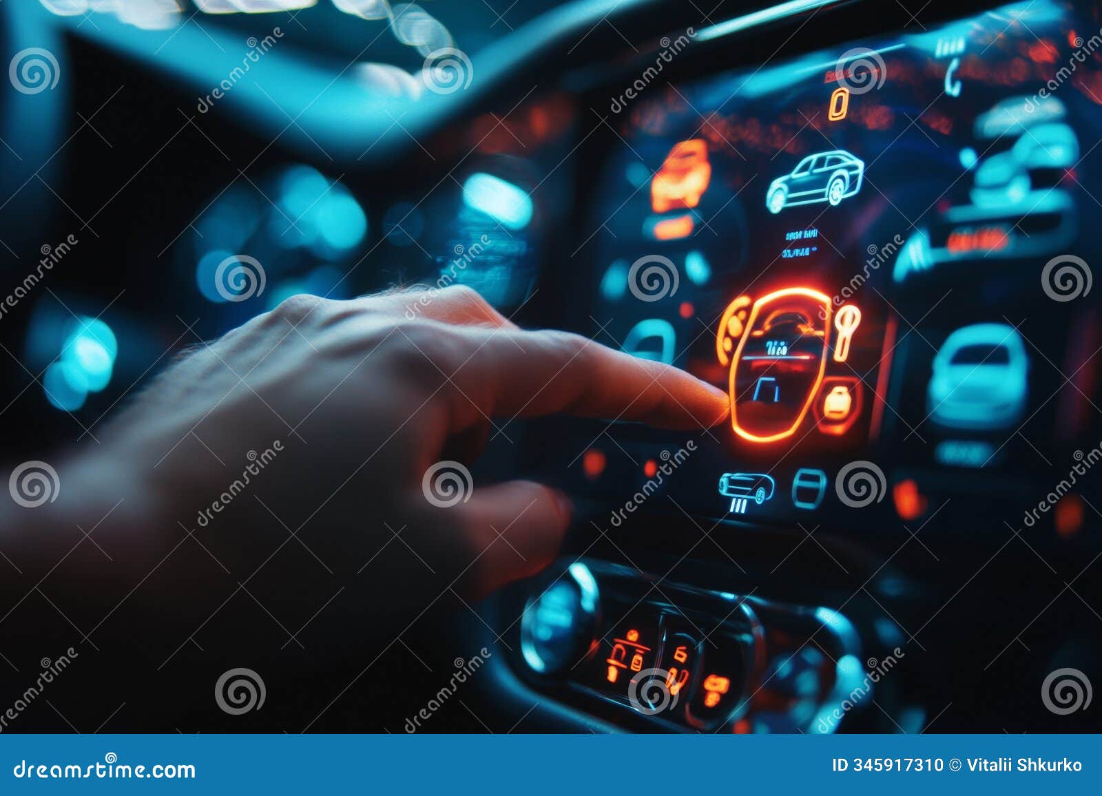 A Hand Reaches Towards a Colorful Touchscreen Dashboard of a Modern ...