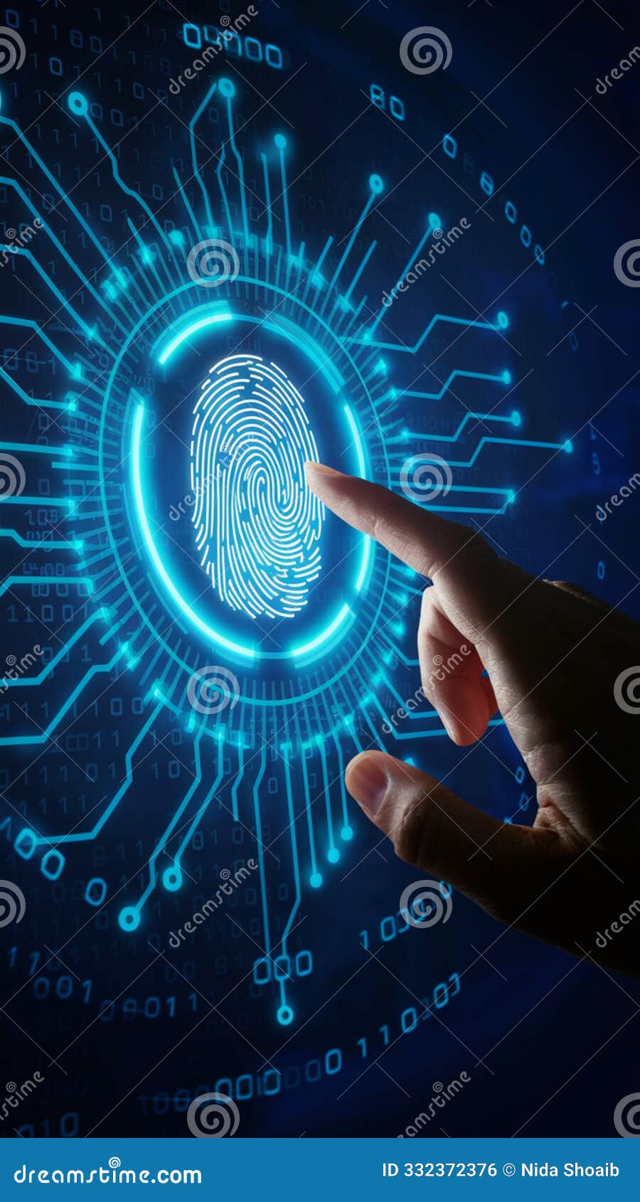Hand Reaches Towards Digital Fingerprint Scanner, Blue Background ...