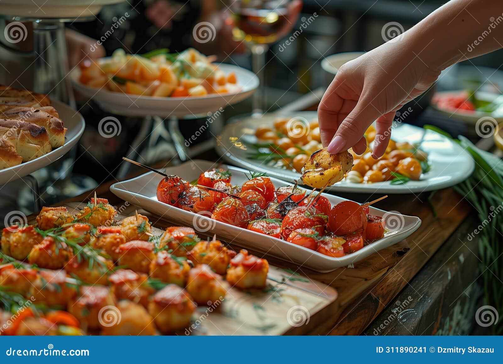 Hand Reaching for Appetizers on Table. Stock Image - Image of lunch ...