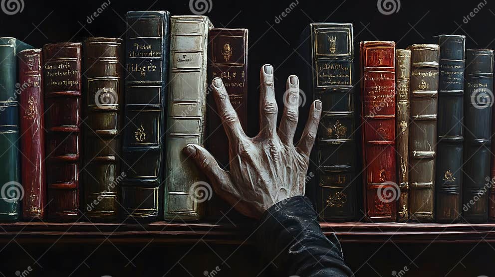 A Hand Reaching for a Book on a Shelf in a Library Stock Illustration ...