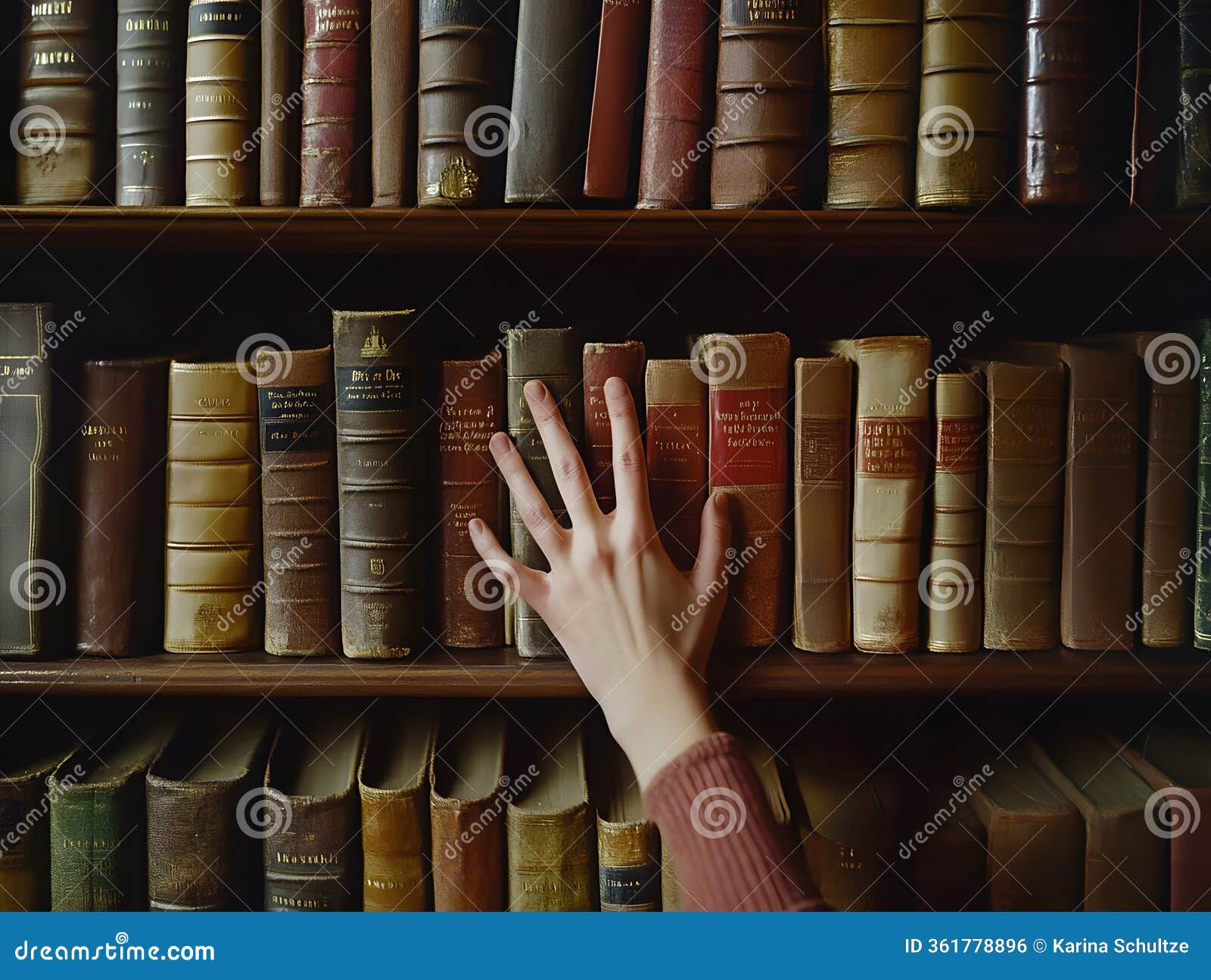 A Hand Reaching for a Book on a Shelf in a Library Stock Illustration ...