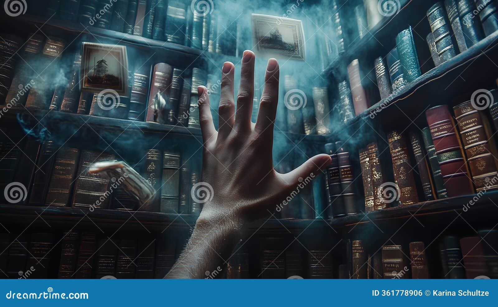 A Hand Reaching for a Book on a Shelf in a Library Stock Illustration ...