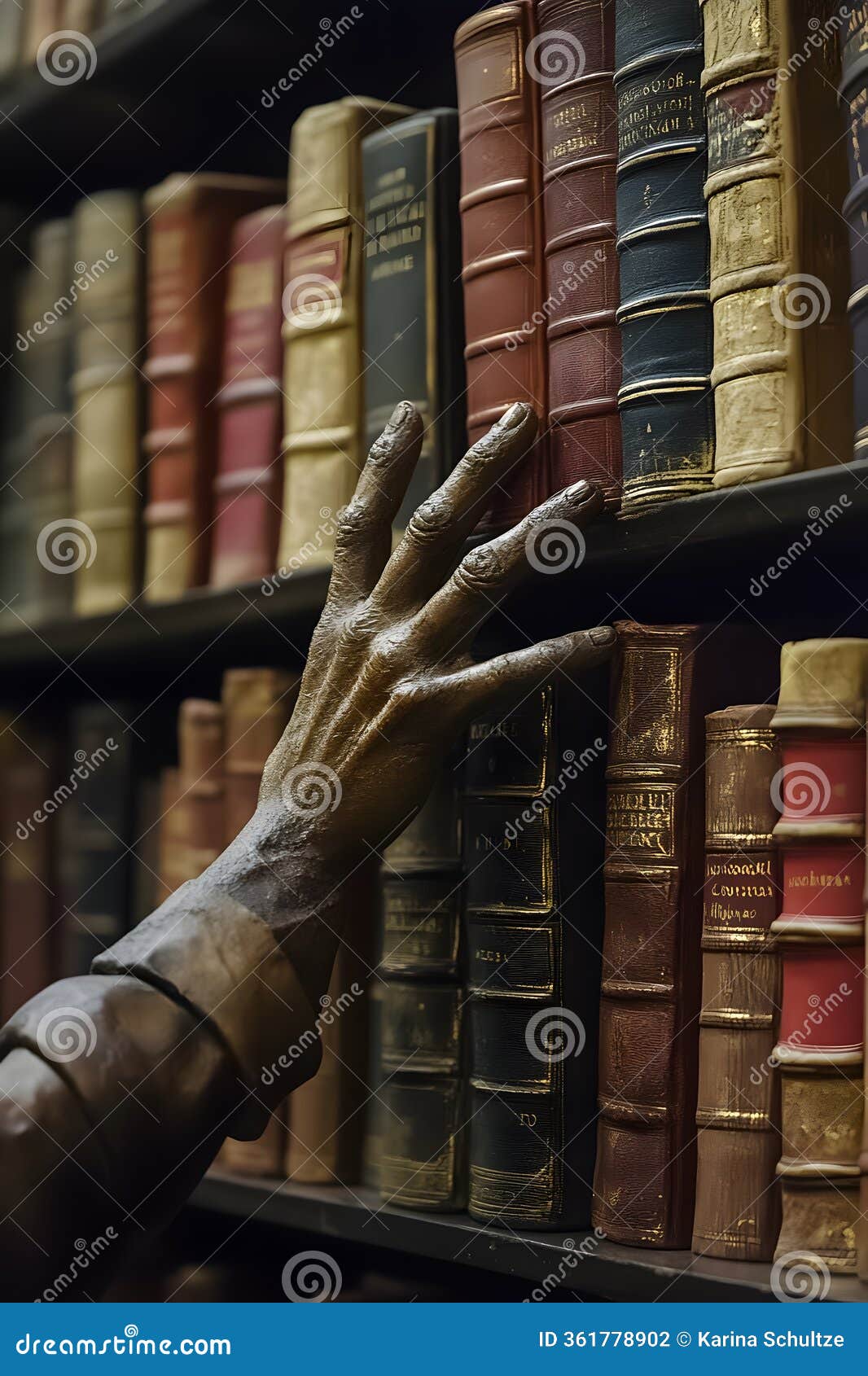 A Hand Reaching for a Book on a Shelf in a Library Stock Illustration ...