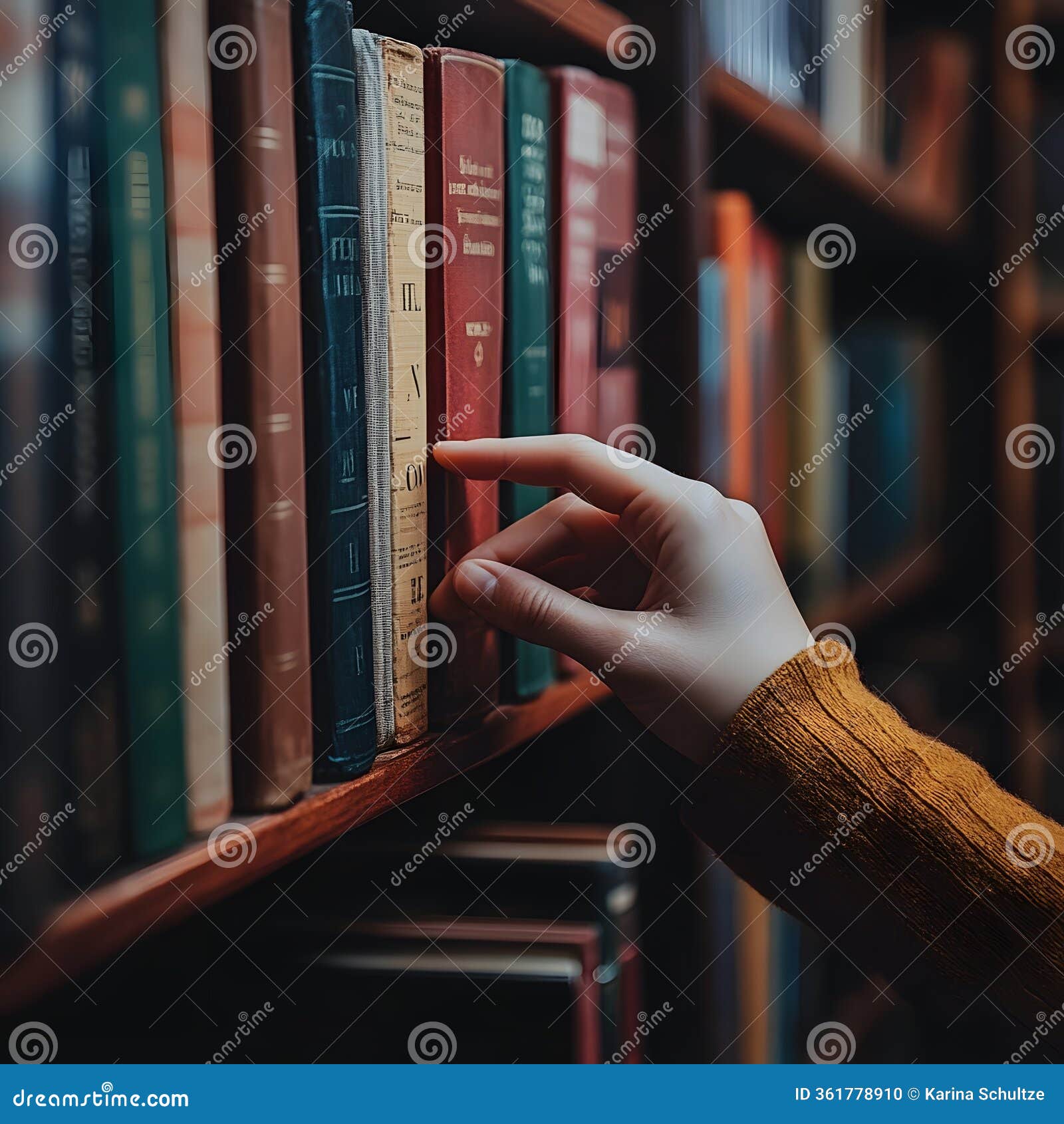 A Hand Reaching for a Book on a Shelf in a Library Stock Illustration ...