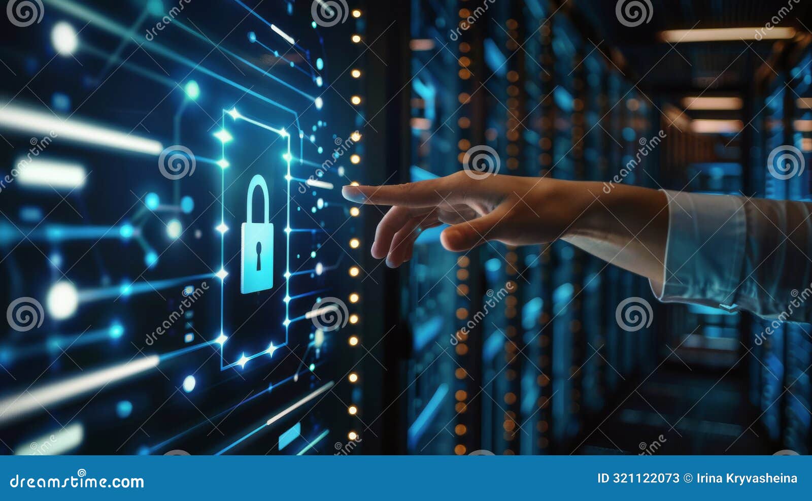 Hand Reaching for Digital Lock on Server Room Screen Stock Image ...