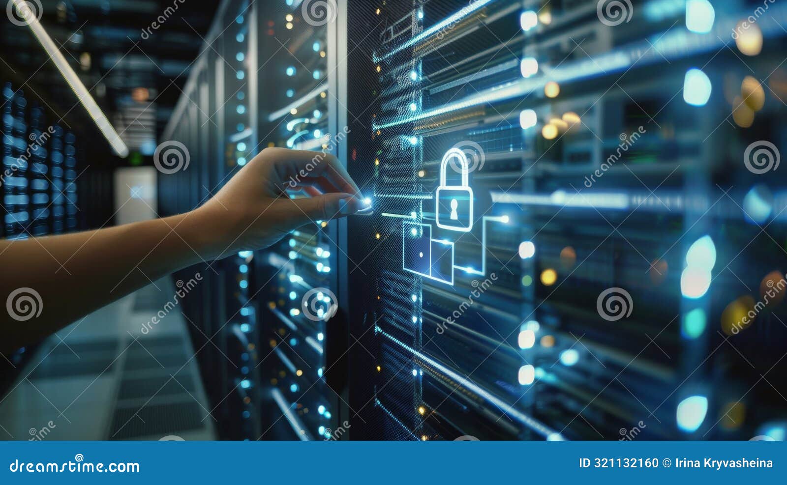 Hand Reaching for Digital Lock on Server Room Screen Stock Photo ...