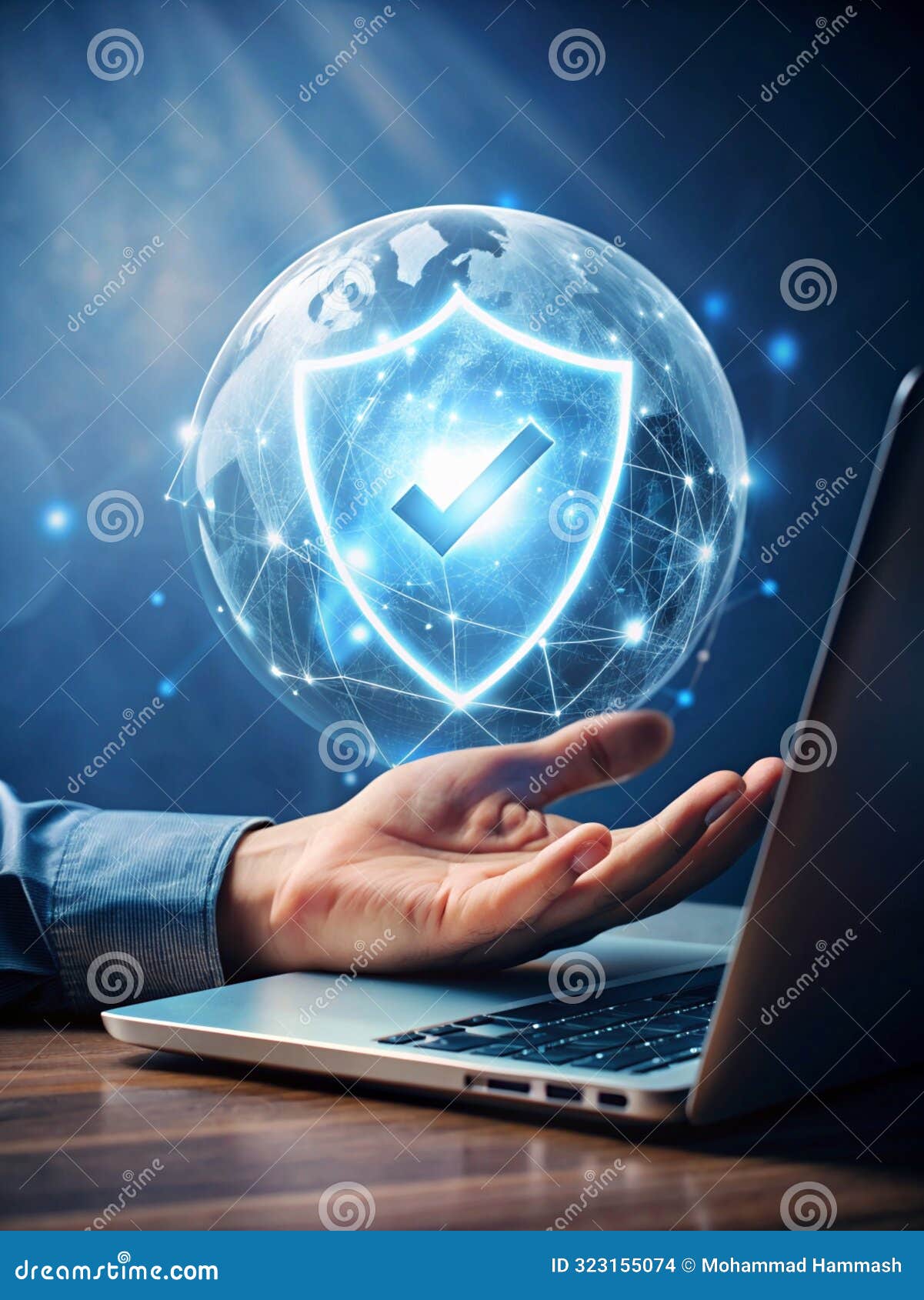 Hand Reaching for Glowing Earth with Shield Stock Photo - Image of ...